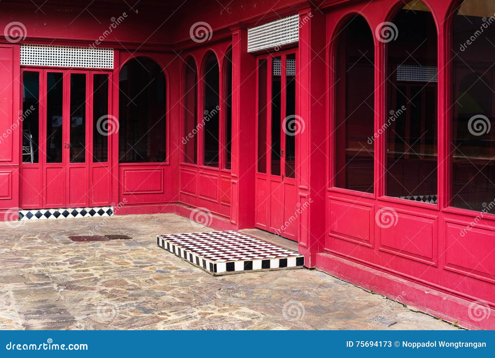 Windows and Doors on Bright Red Building Stock Image - Image of living ...
