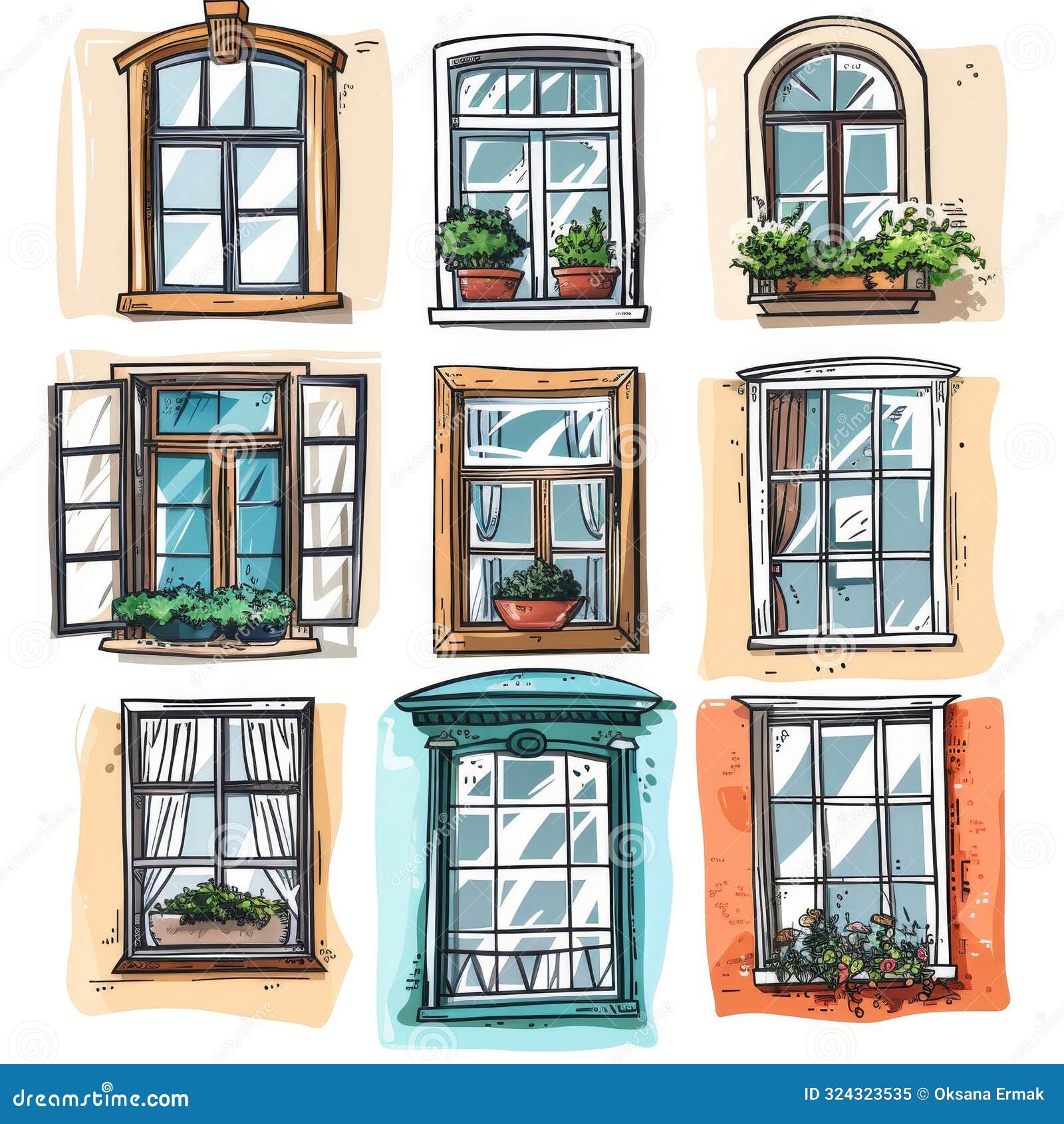 Windows Drawing Set, Hand-drawn Architecture Design Elements, Windows ...