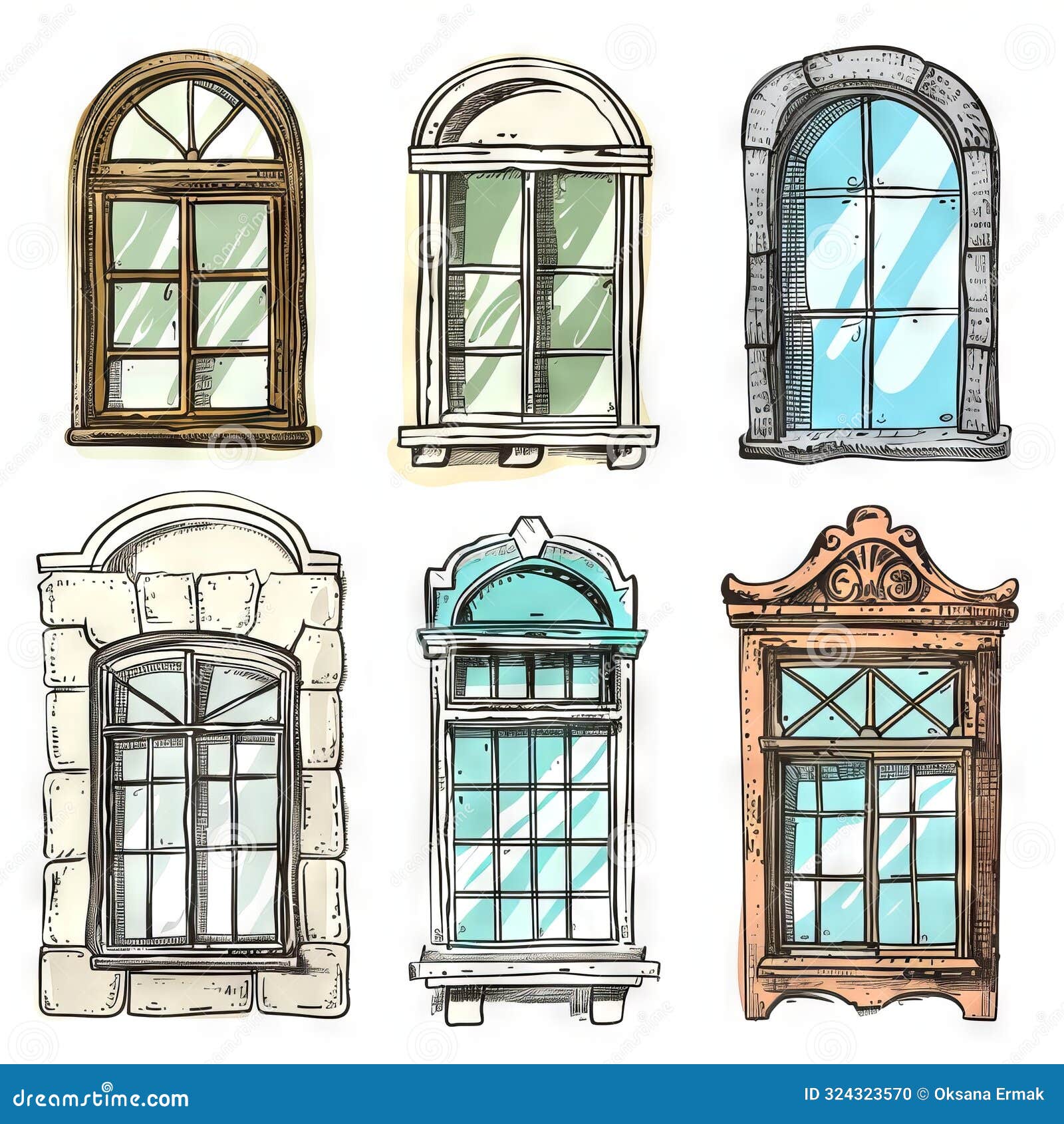 Windows Drawing Set, Hand-drawn Architecture Design Elements, Windows ...