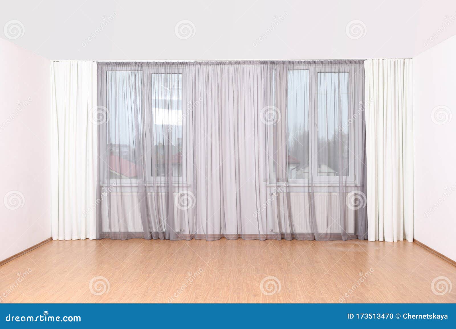 Windows with Curtains in Empty Room Stock Photo - Image of home, clean ...