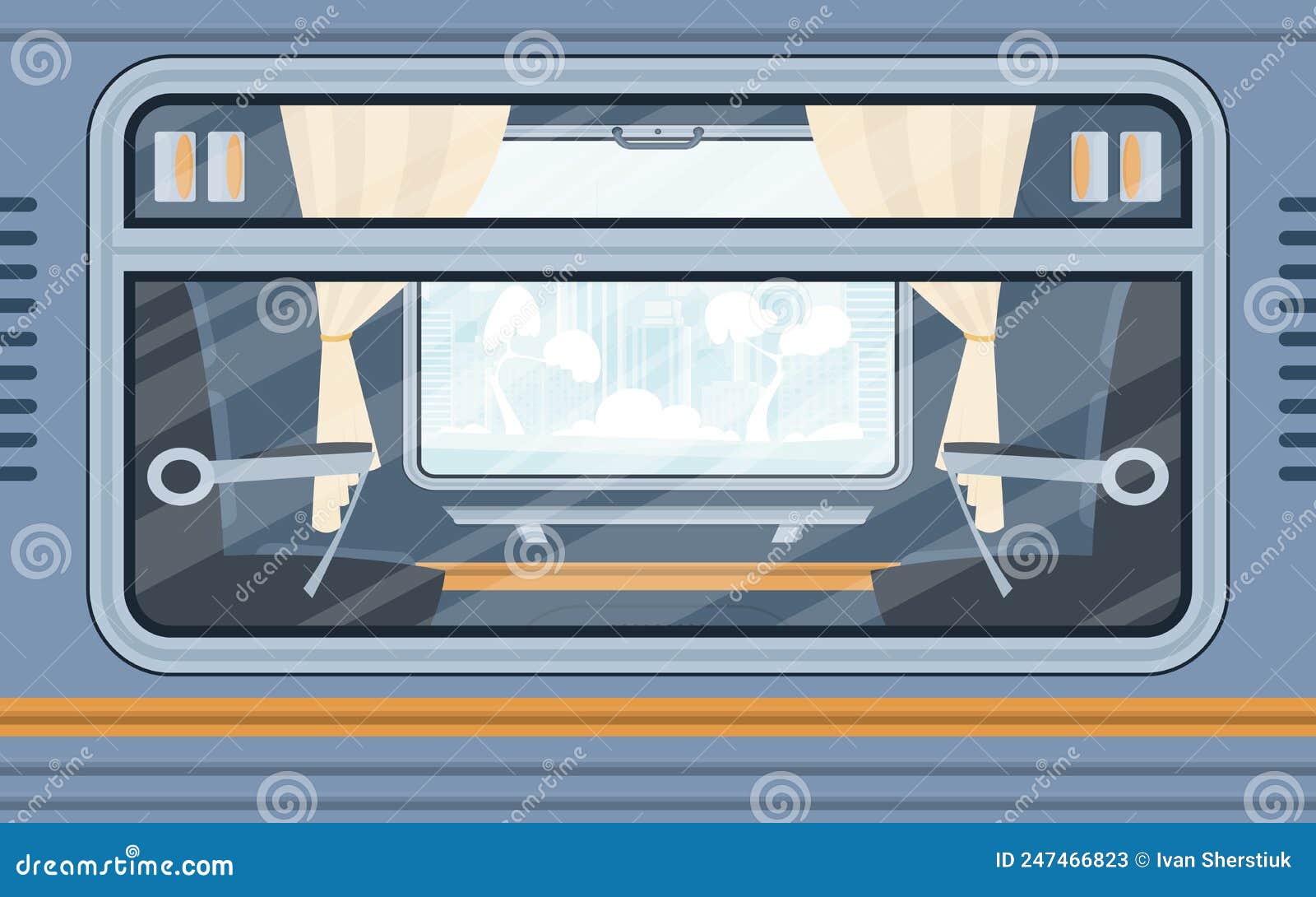Windows of an Empty Commuter Train. Electricity Outside. Cartoon Style ...