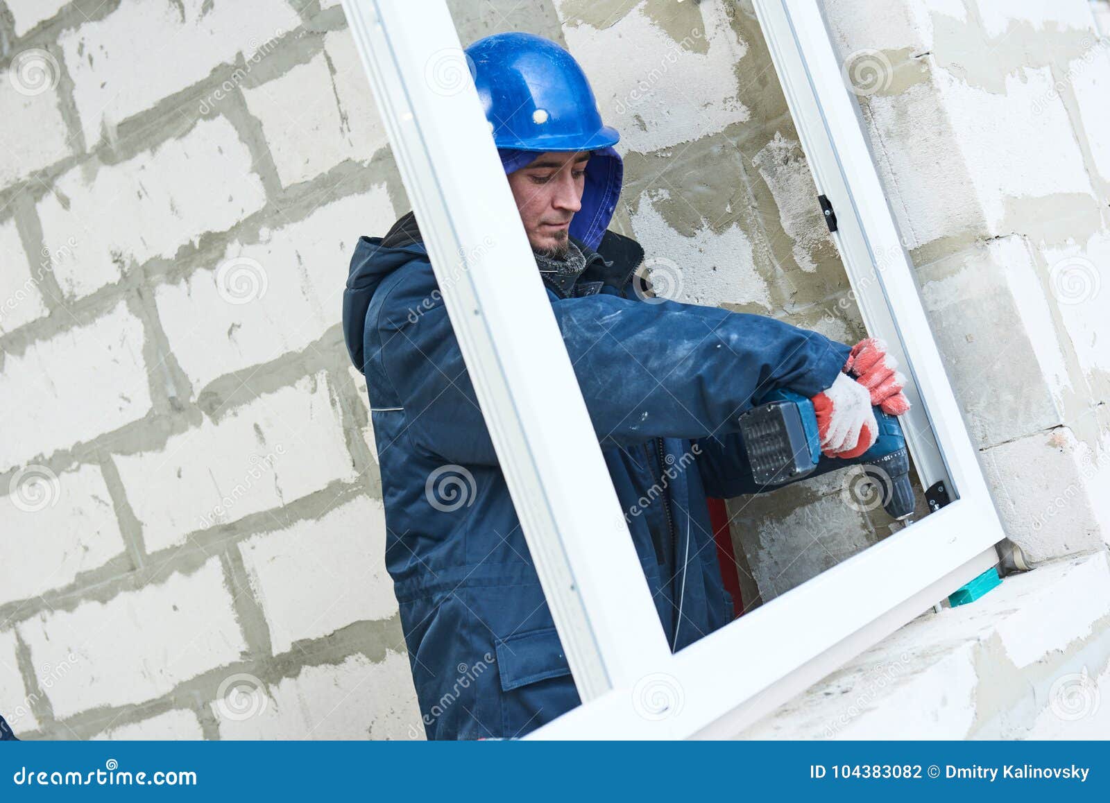 Windows Installation. Construction Workers Installing Frame into ...