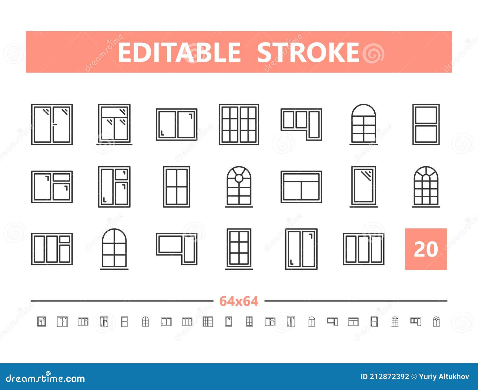 Windows 20 Line Icons. Vector Illustration in Line Style. Editable ...