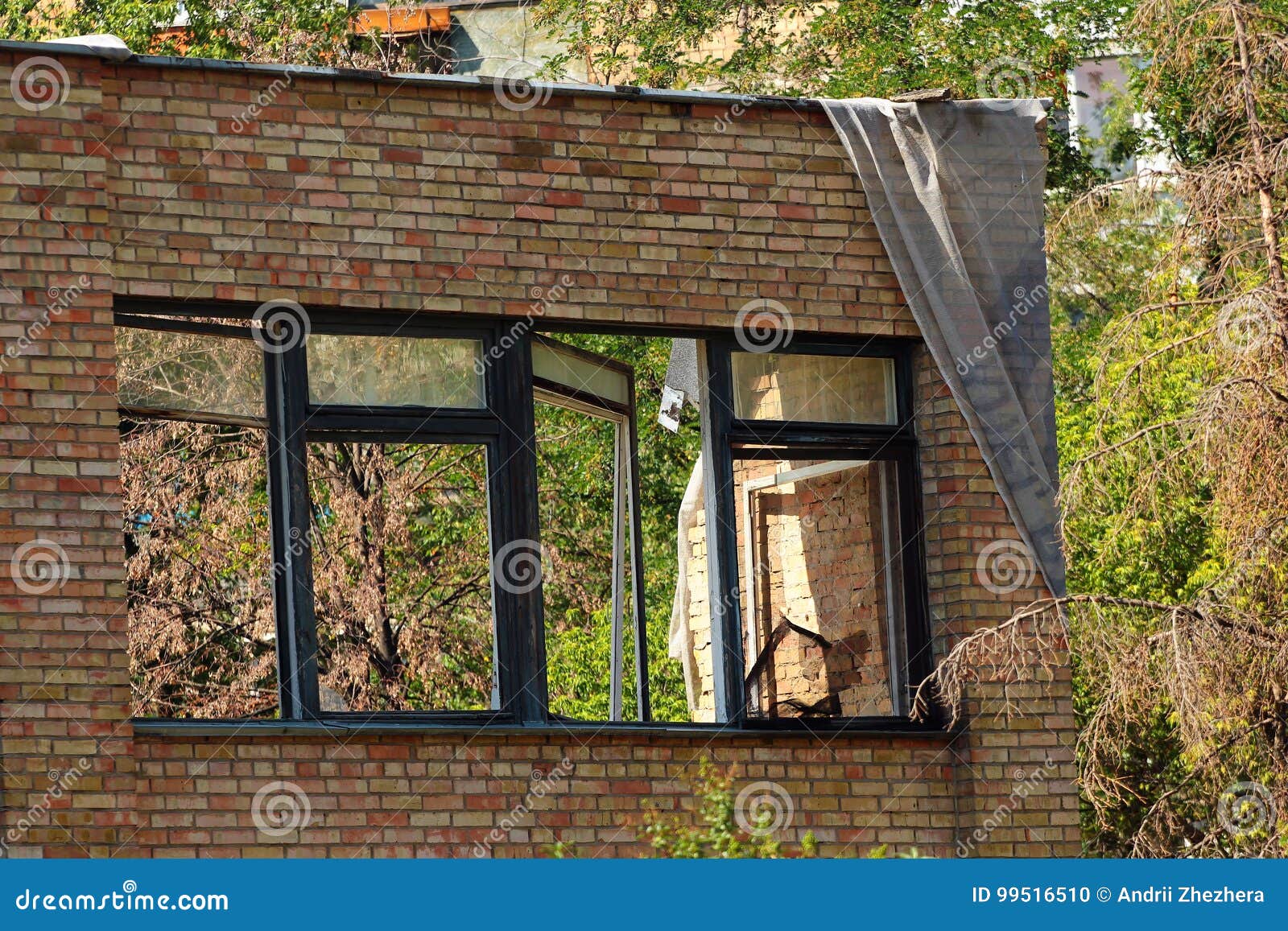 Windows in Old Broken Brick House Stock Photo - Image of cement ...