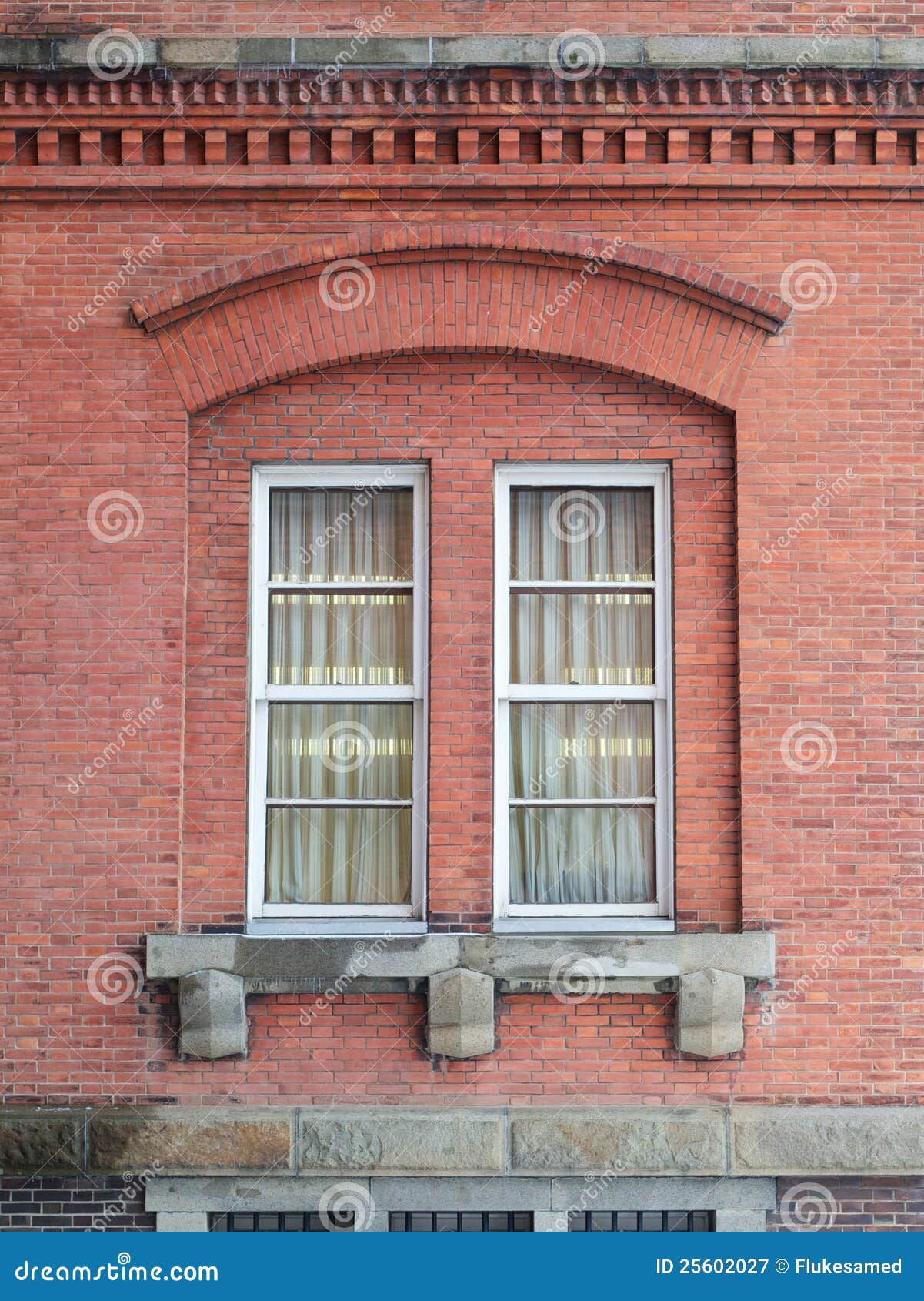 Windows in a Red Brick Wall Stock Image - Image of curtain ...