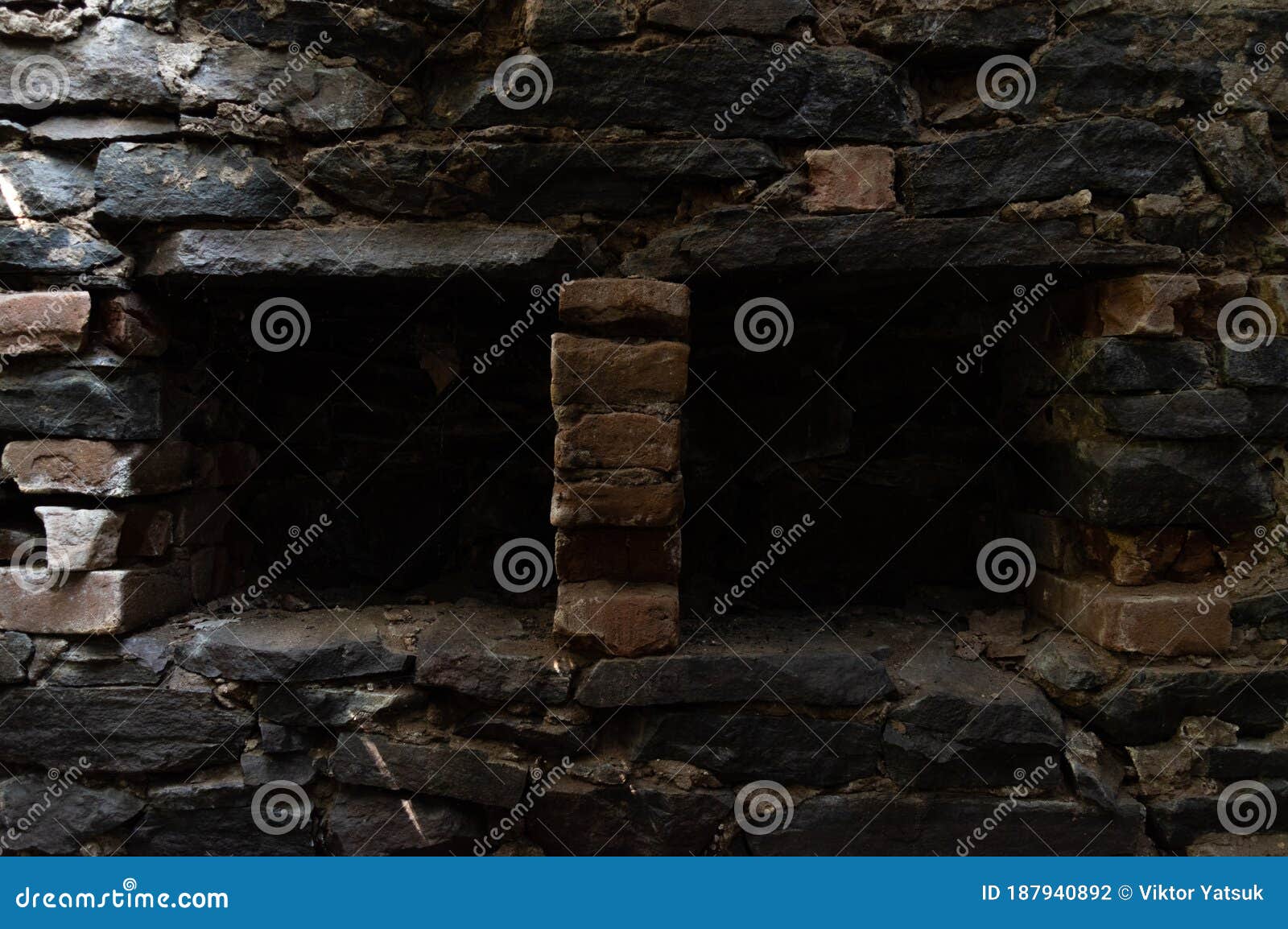 Windows in a Stone Wall. Two Windows in the Wall. Dark Room with a Ray ...