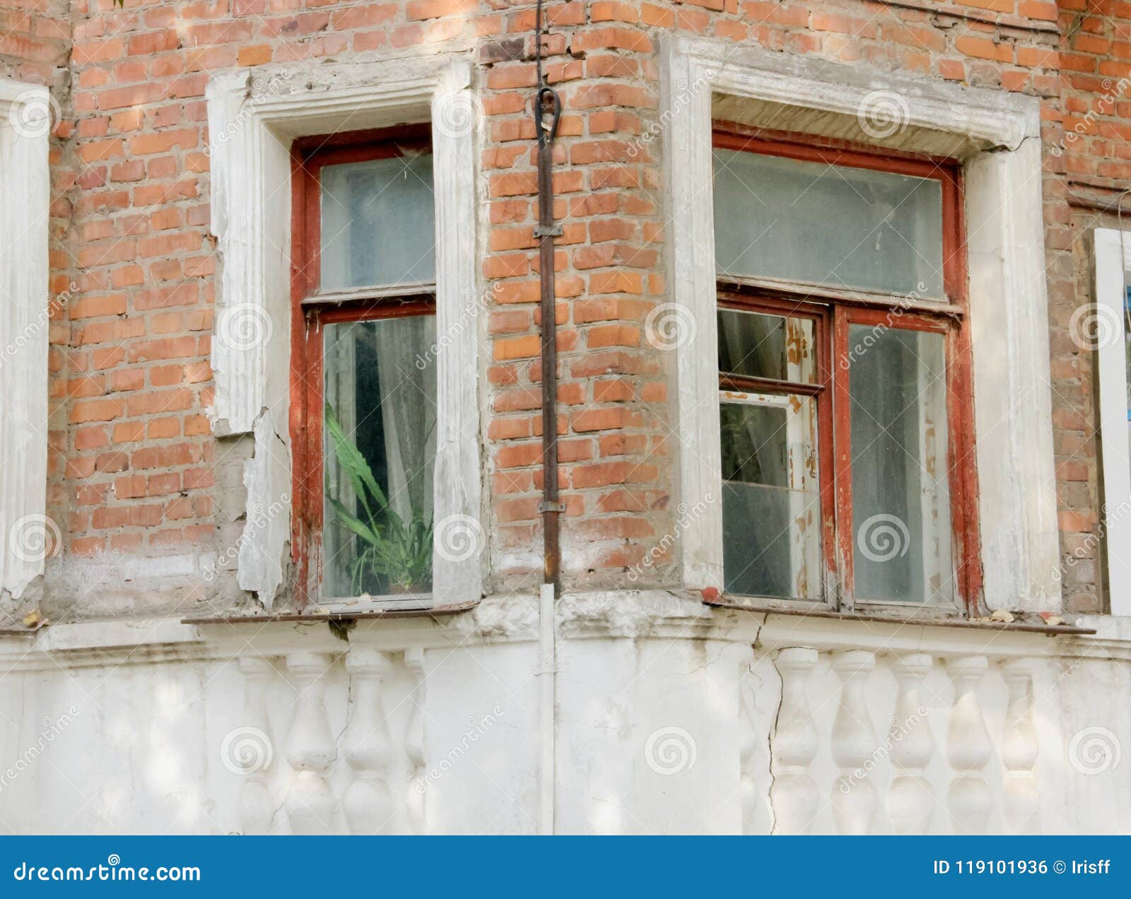 Windows on the Wall of an Old Brick House with Architectural De Stock ...