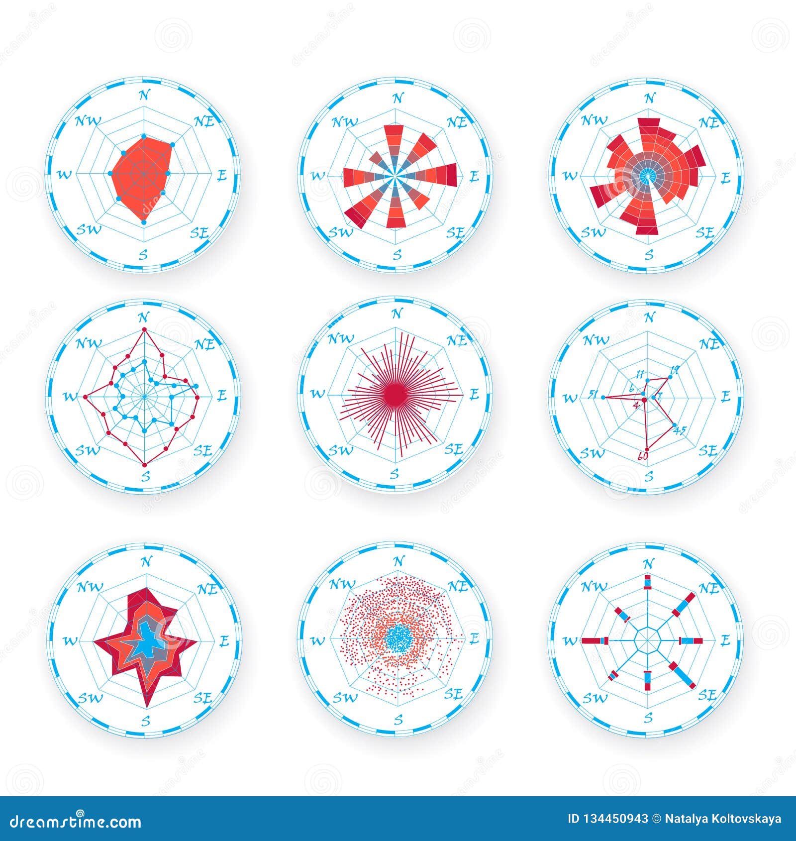 Windrose Chart Set, Compass Rose with Light Background Stock Vector ...
