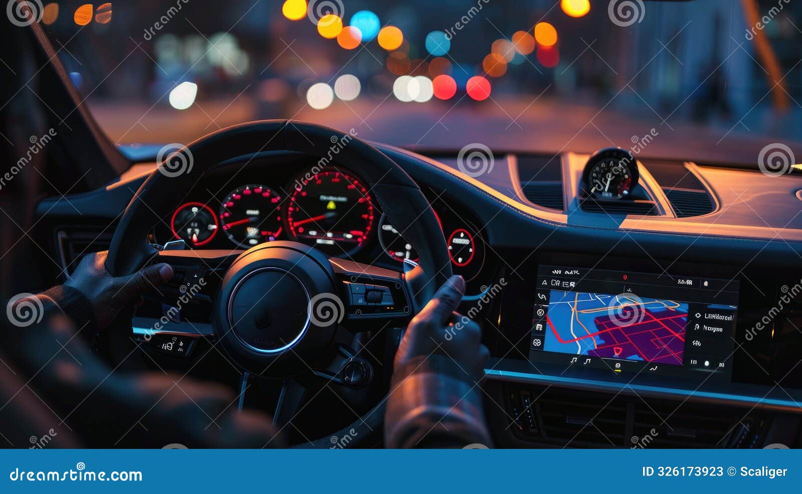 Windshield And Dashboard View Inside Car, Hands Of Driver On Wheel And ...