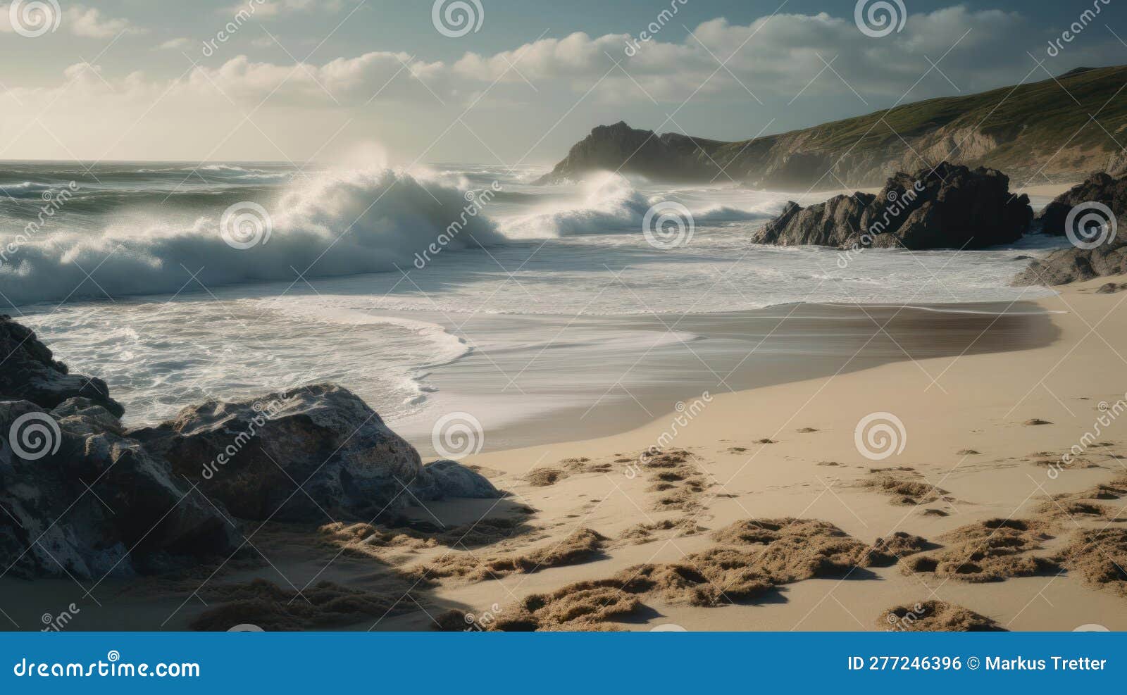 A Windswept Beach With Crashing Waves Created With Generative Ai Stock Illustration