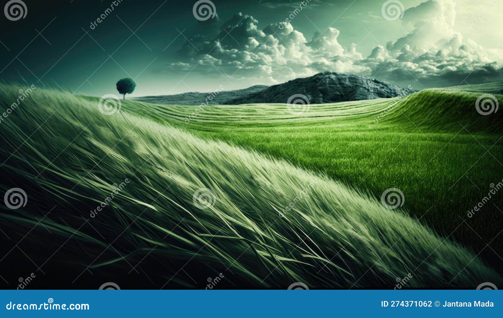 Windswept Meadows: AI-Generated Digital Art of Green Fields with Cloudy ...