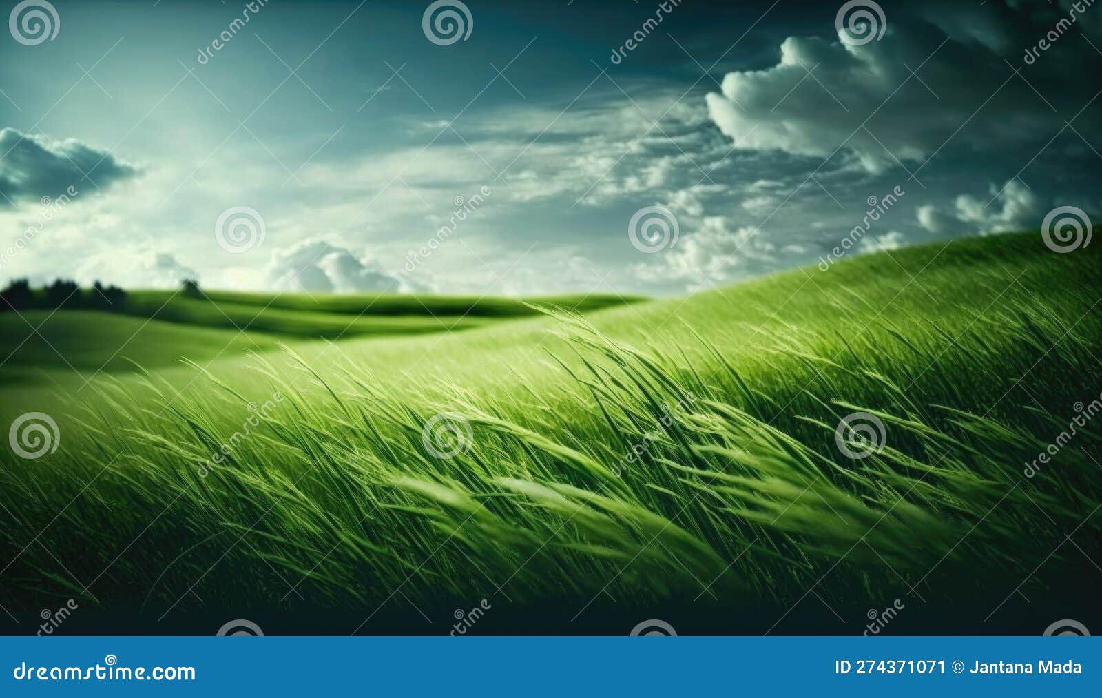 Windswept Meadows: AI-Generated Digital Art of Green Fields with Cloudy ...