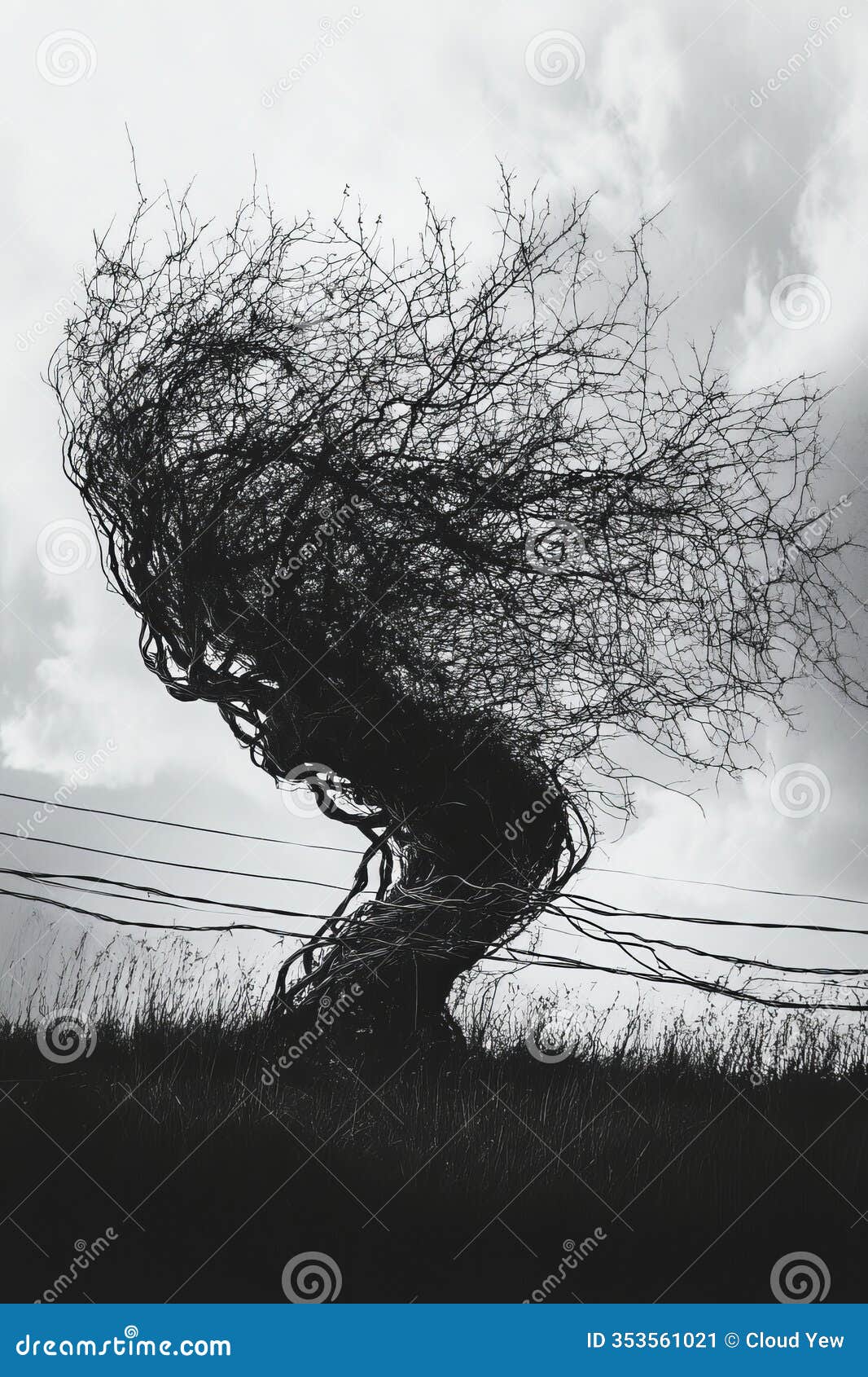 Windswept Tree Silhouette Against Dramatic Sky with Power Lines in ...