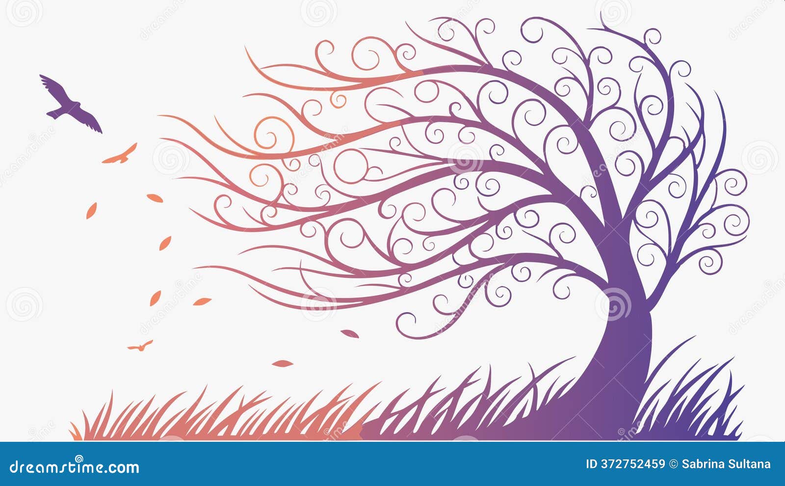 Silhouette Of Windswept Tree With Flying Birds Vector For Inspirational ...