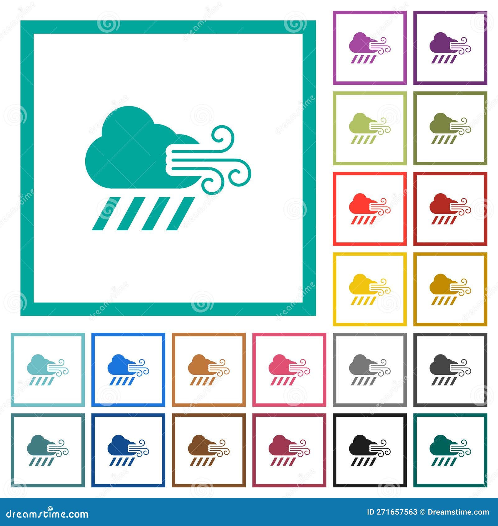 Windy and Downpour Weather Flat Color Icons with Quadrant Frames Stock ...