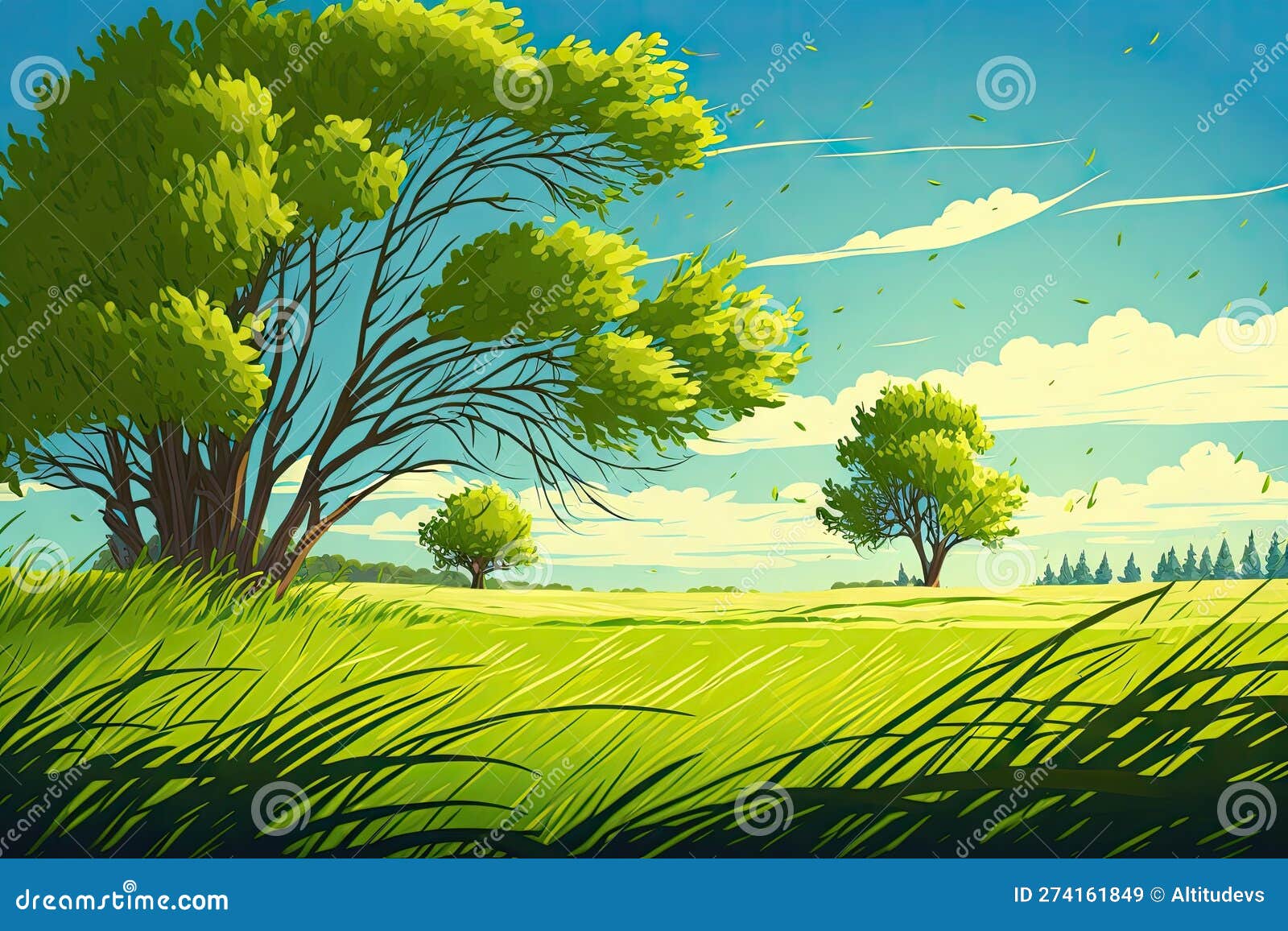 Windy Meadow with Trees and Grass Against Backdrop of Clear Sky Spring Day Stock Illustration ...