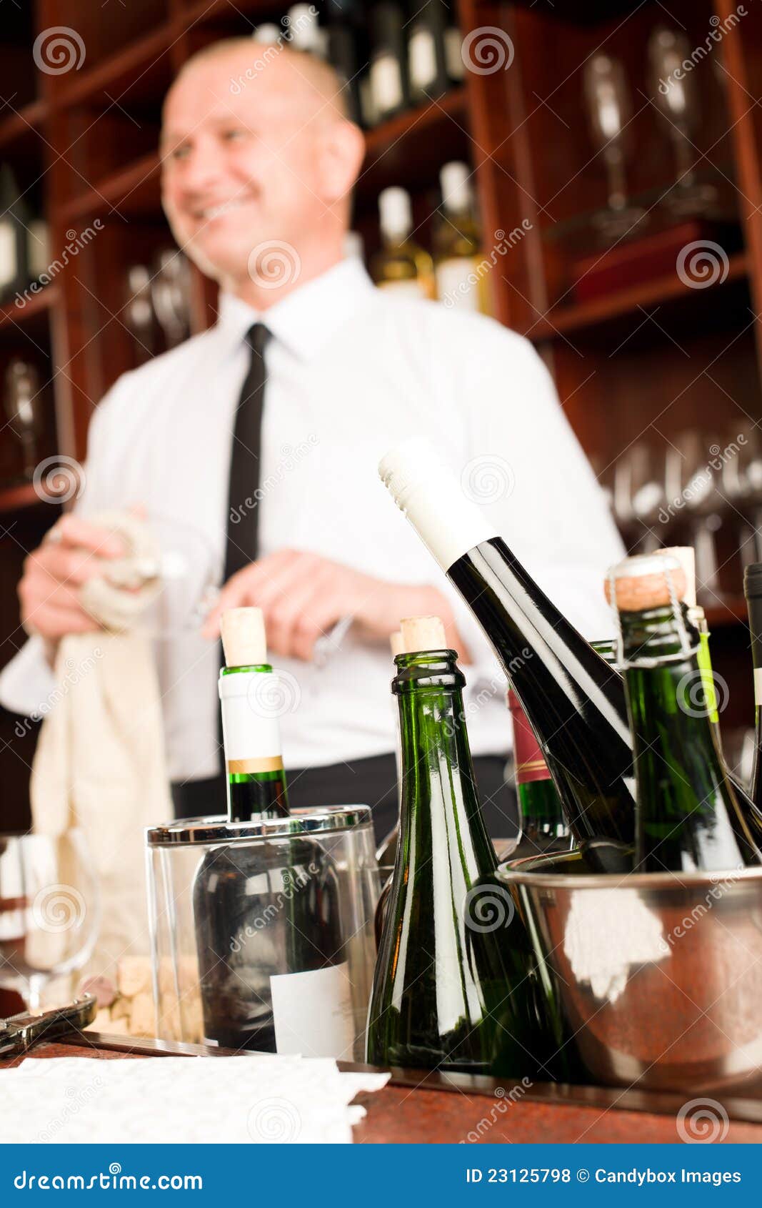 Wine Bar Bottles Waiter in Restaurant Stock Photo - Image of standing ...