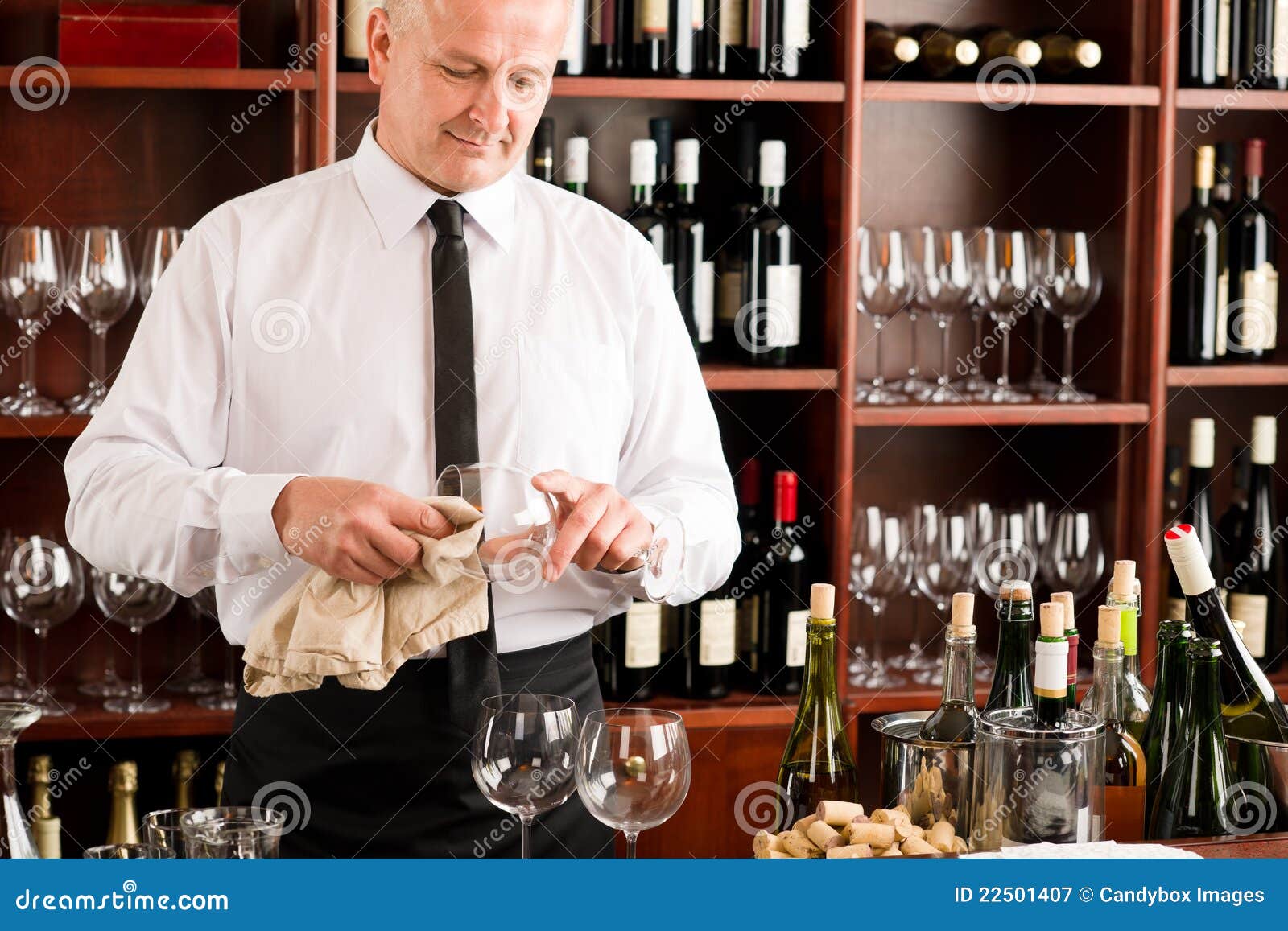Wine Bar Waiter Clean Glass in Restaurant Stock Image - Image of ...