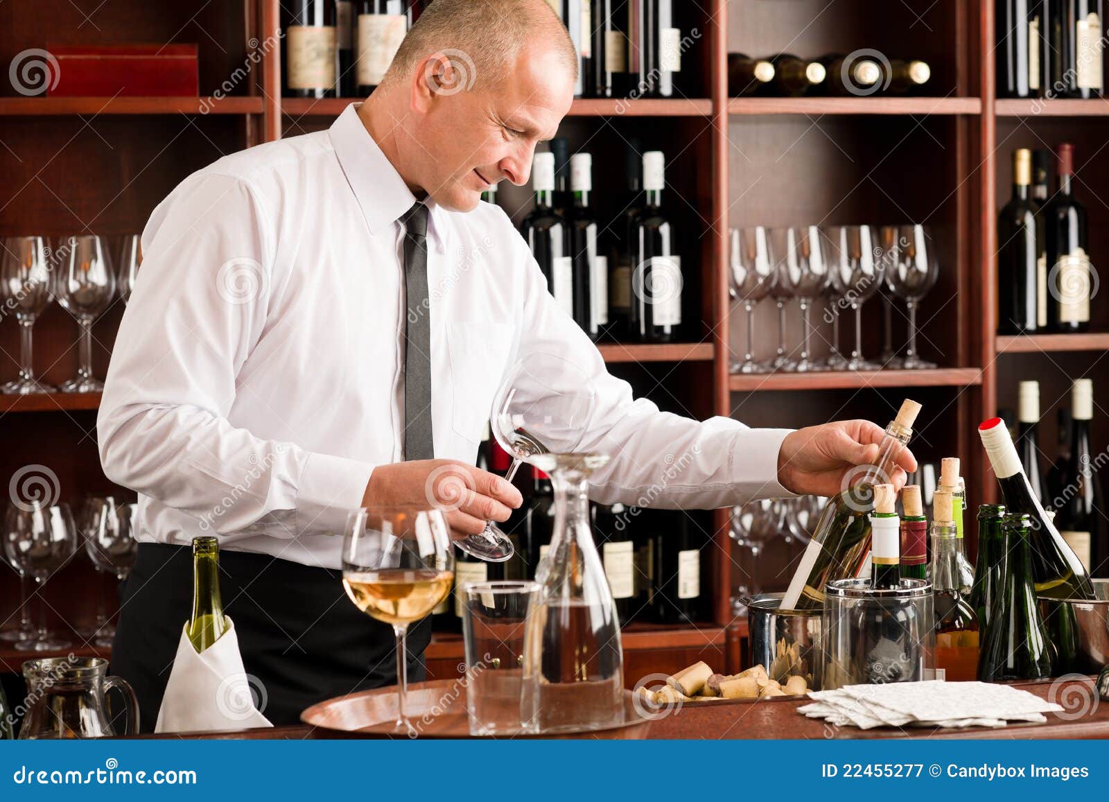 Wine Bar Waiter Happy Male in Restaurant Stock Image - Image of bottle ...