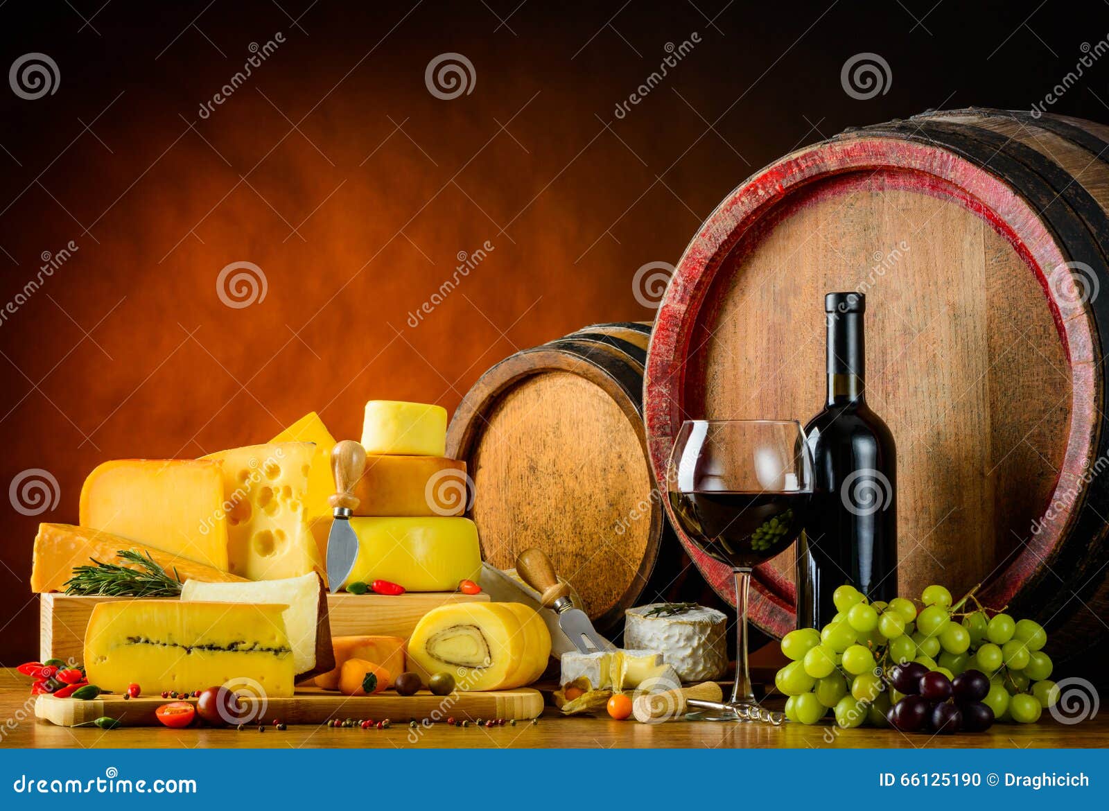 Wine Barrel with Cheese and Food Stock Photo - Image of dairy, emmental ...