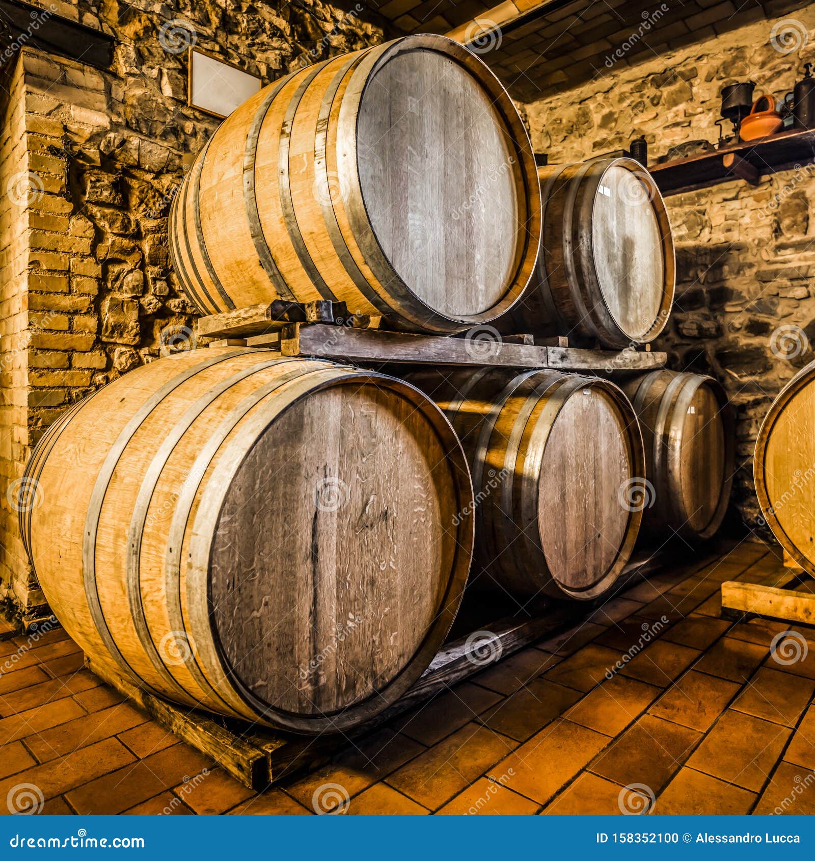 Wine barrels in cellar stock photo. Image of cellar - 158352100