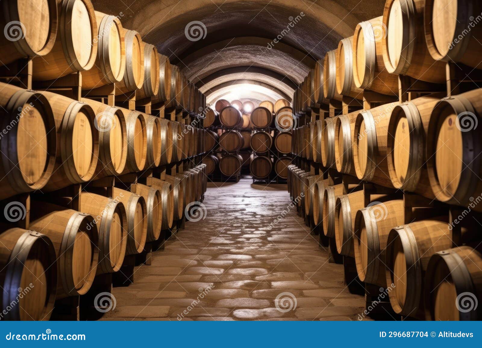 Wine Barrels Stacked in Cellar of Vineyard Stock Photo - Image of ...