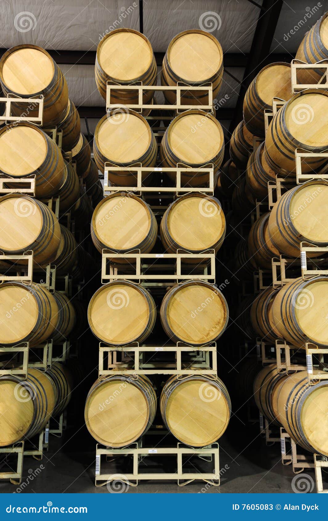 Wine Barrels Stacked in Winery Straight View Stock Image - Image of ...