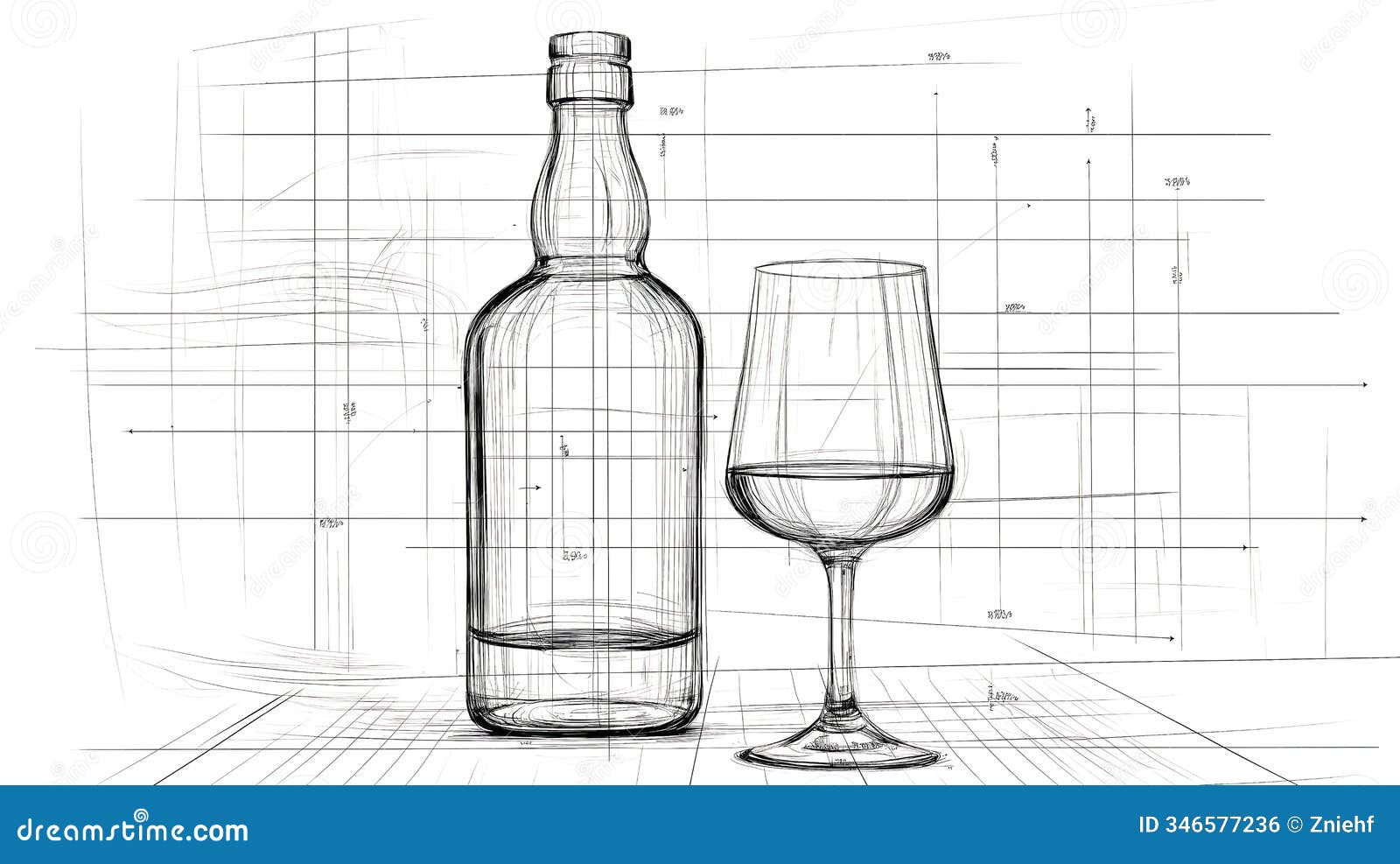 Wine Bottle and Glass Line Drawing Resting on Technical Grid Stock ...