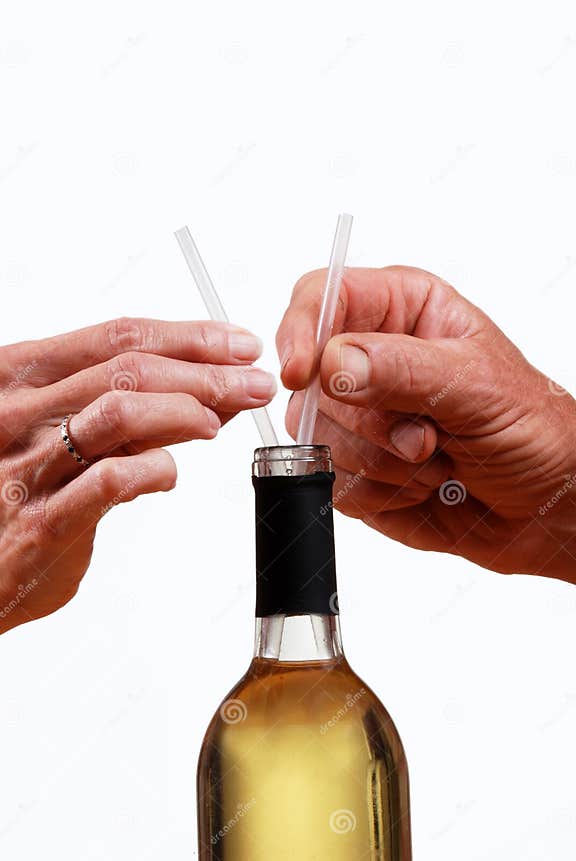 Wine Bottle with Hands Holding Two Straws. Stock Image - Image of ...