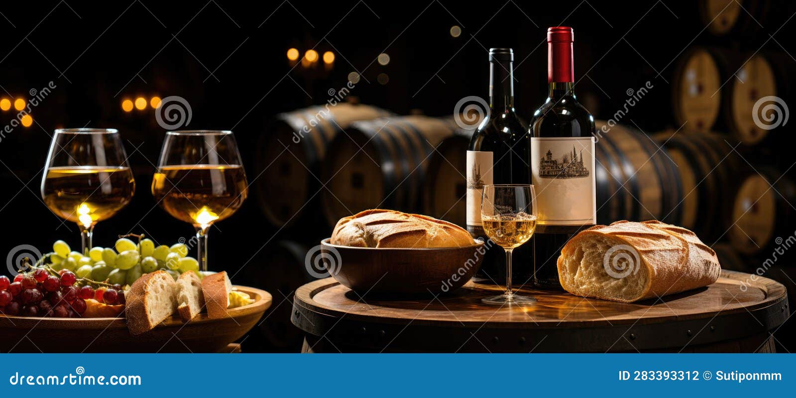 Wine Bottles and Glasses are Placed on the Wine Barrel and a Bread ...
