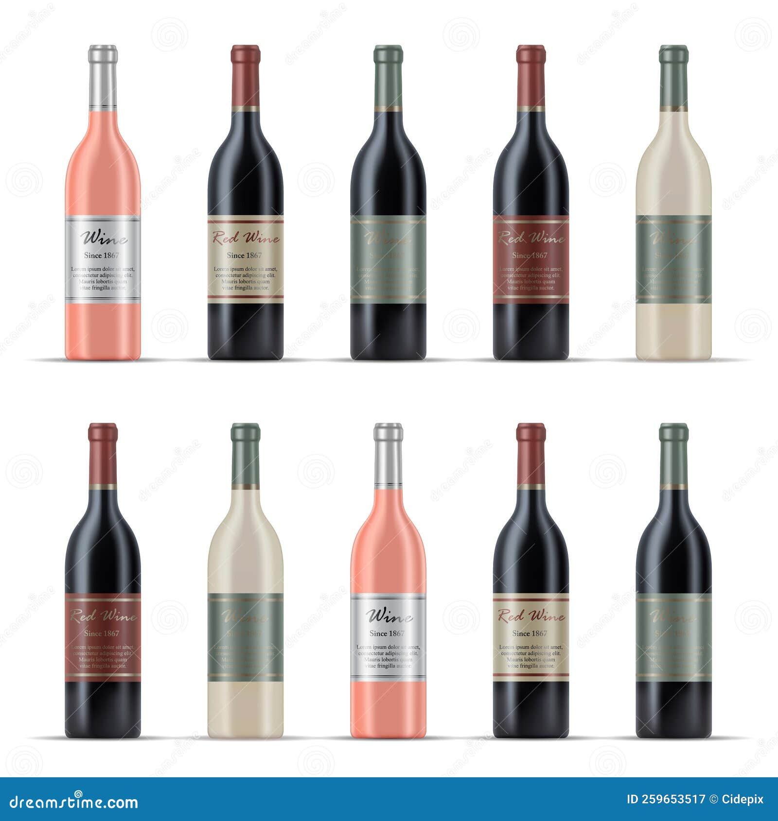 A Set of Wine Bottles stock vector. Illustration of glass - 259653517