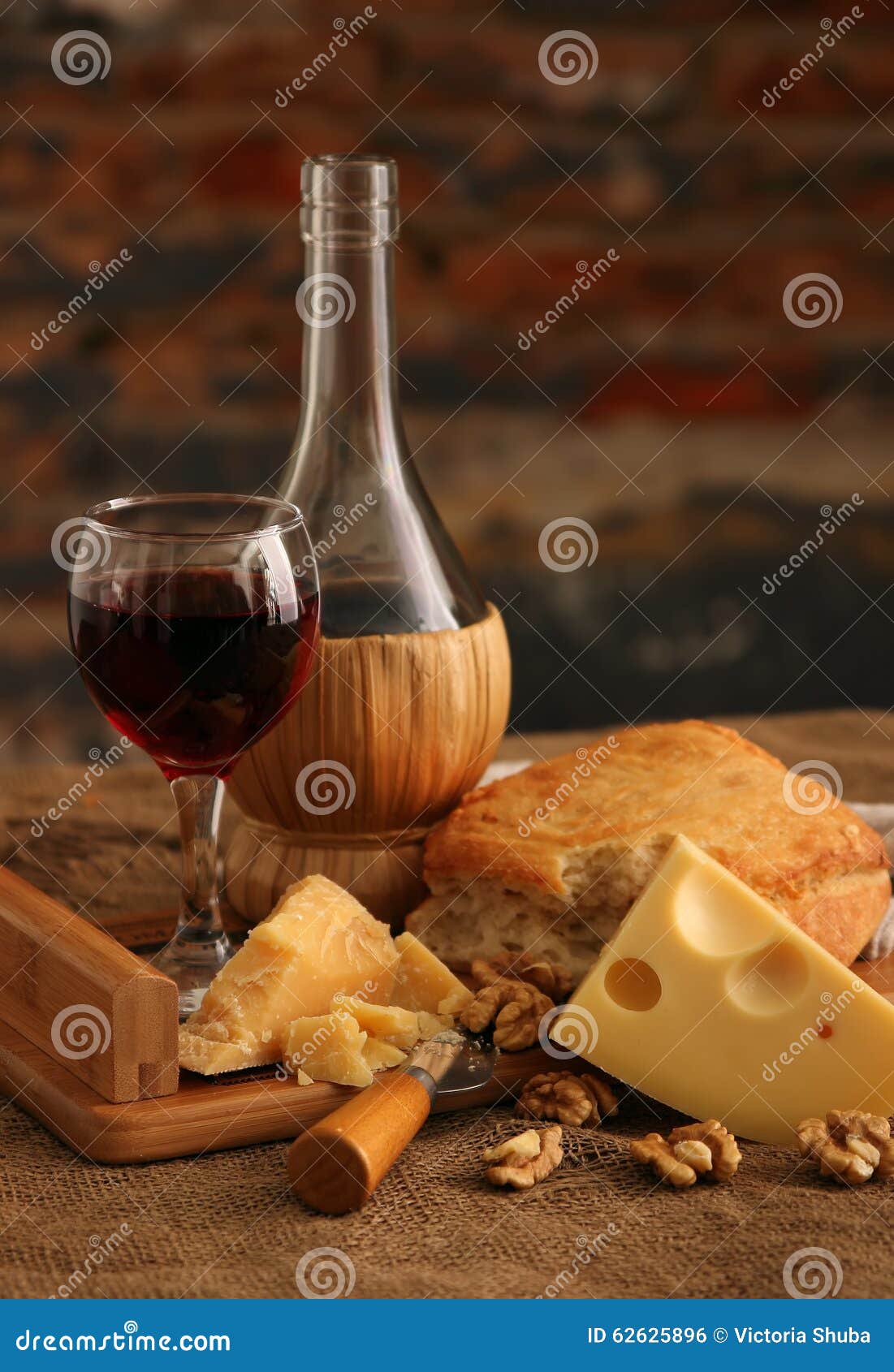 Wine, cheese and bread. stock photo. Image of board, napkin - 62625896