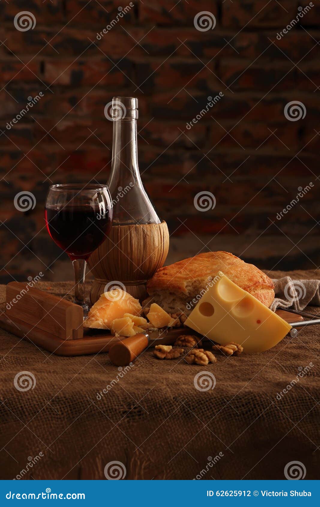 Wine, cheese and bread. stock photo. Image of bottle - 62625912
