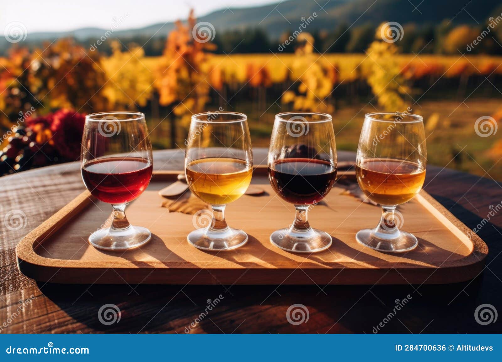 Wine Flight Samples on a Tray with a Vineyard Setting Stock ...