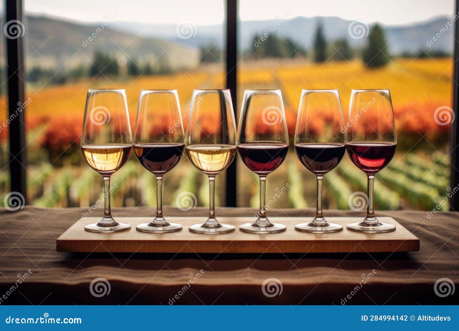 Wine Flight Selection with Vineyard Landscape Backdrop Stock ...