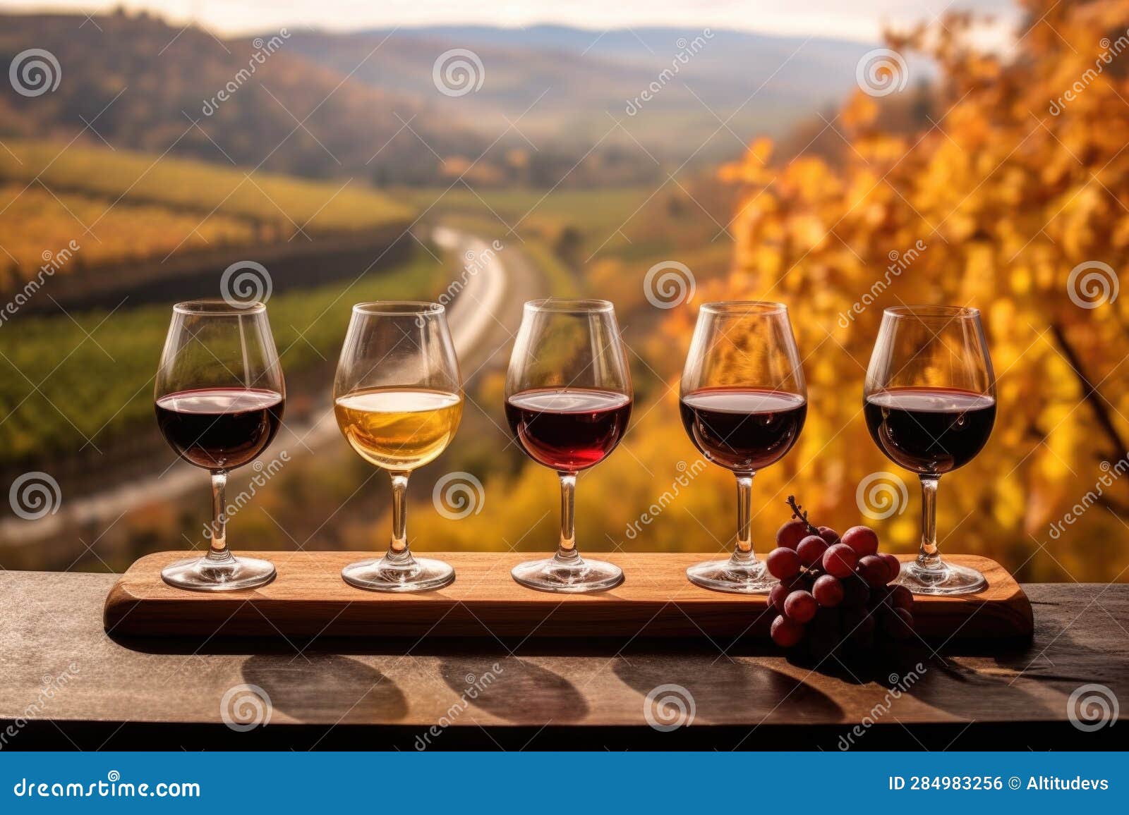 Wine Flight Selection with Vineyard Landscape Backdrop Stock ...