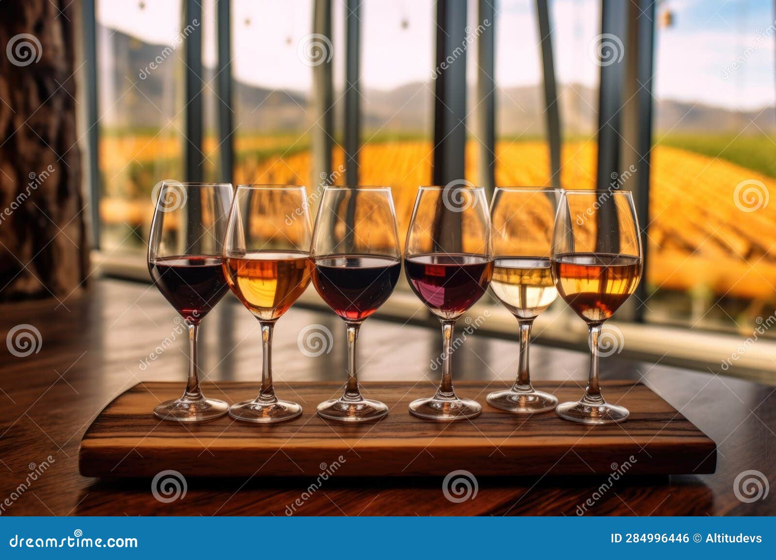 Wine Flight Selection with Vineyard Landscape Backdrop Stock ...