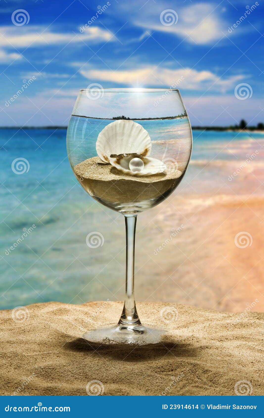 Wine Glass, Seashell and Pearl Stock Photo - Image of tourism, sand ...