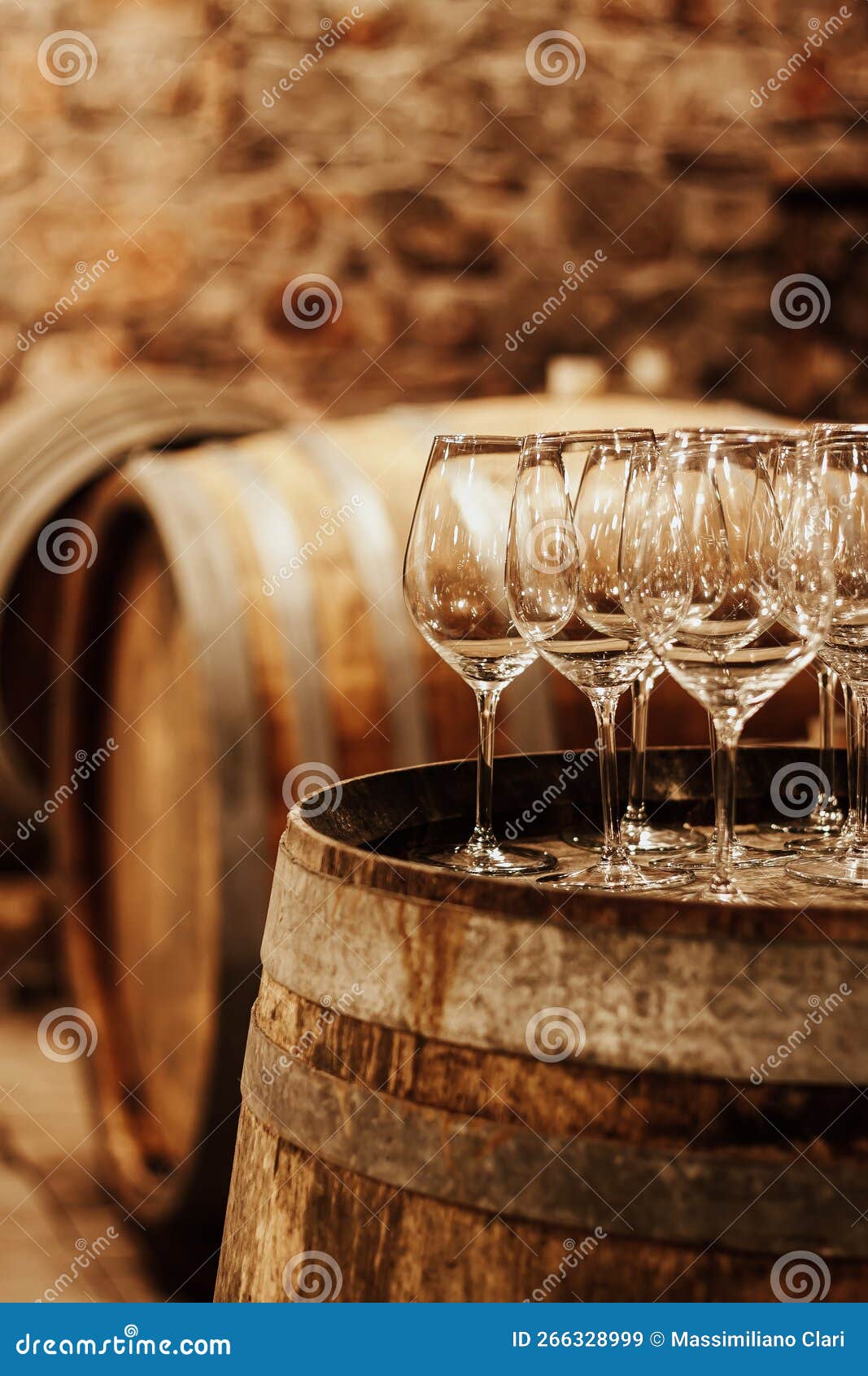 Wine Glasses and Barrels in the Wine Cellar Stock Image - Image of ...