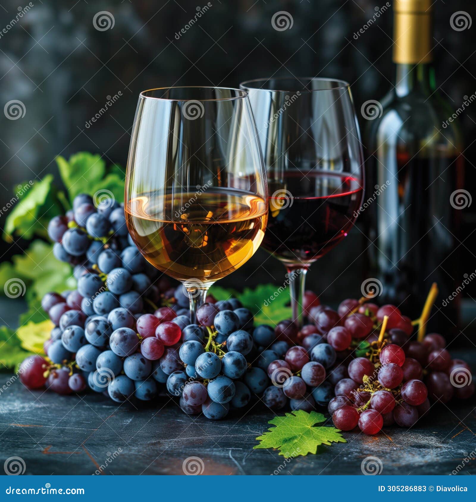 Wine in Glasses with Grapes Stock Illustration - Illustration of vine ...
