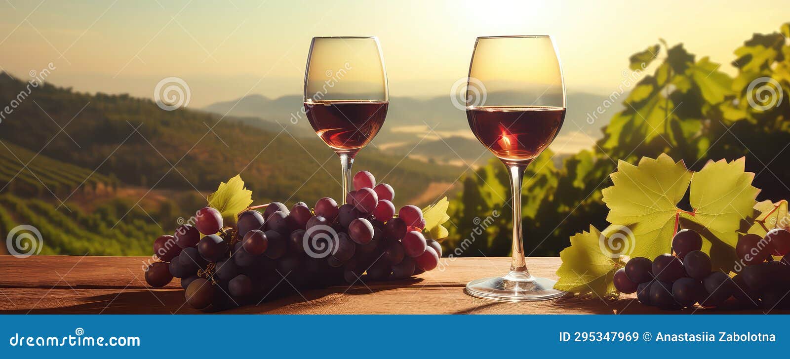 Wine Glasses and Grapes in Vineyard Scene Stock Illustration ...
