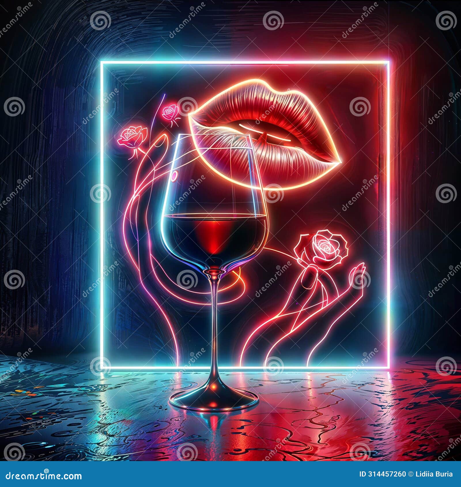 Wine & Lips: Neon Image with Wine Glass, Lips & Hands, Generative Ai Stock Illustration ...