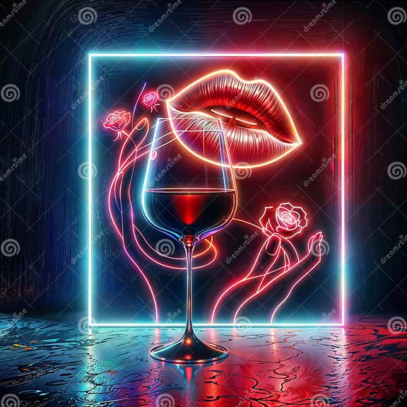 Wine & Lips: Neon Image with Wine Glass, Lips & Hands, Generative Ai ...