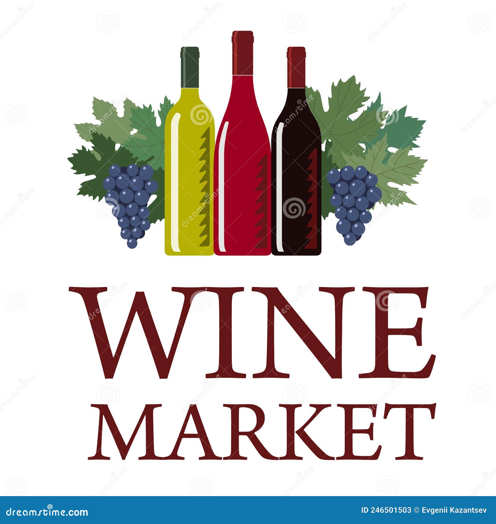 Wine Market Logo. Three Wine Bottles and Grapes Stock Vector ...