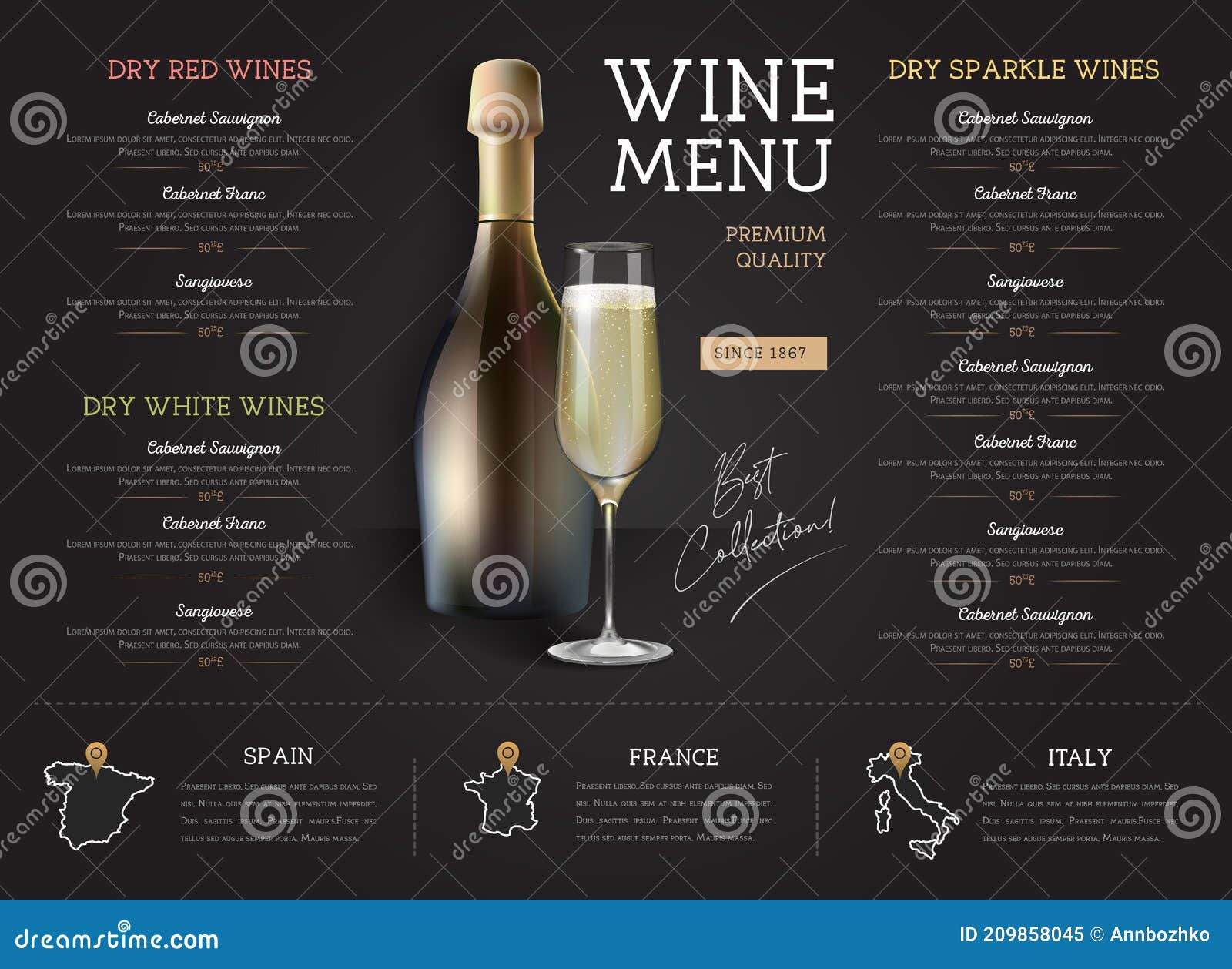 Wine Restaurant Menu Design with Realistic Wine Glasses and Bottles ...