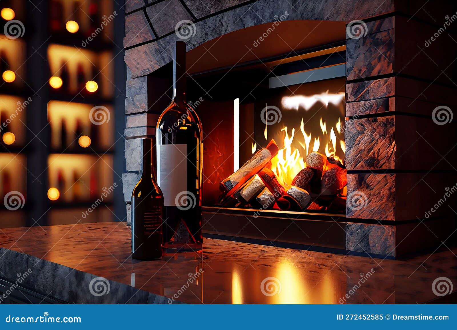 Wine Room with Fireplace, Bottles of Wine, Glasses, Interior of the ...