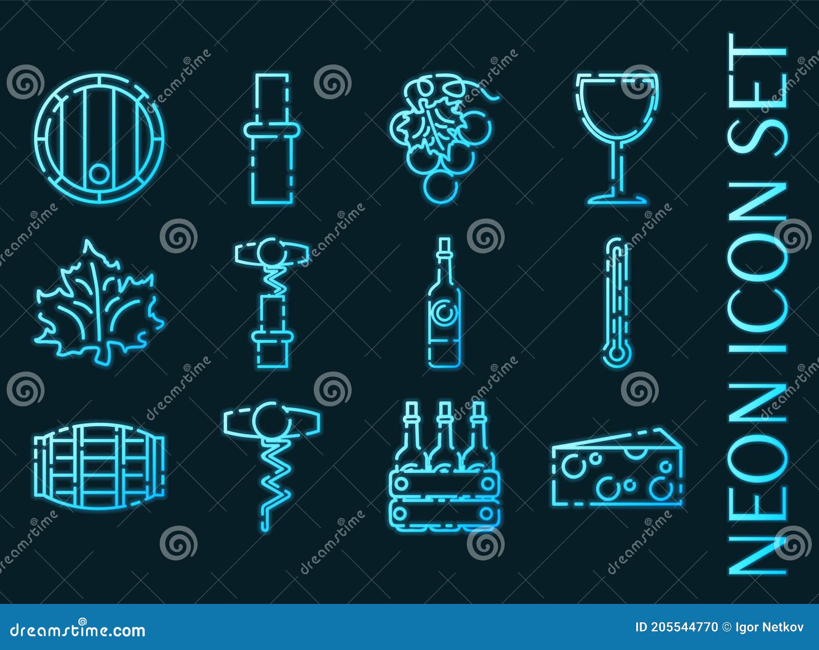 Wine Set Icons. Blue Glowing Neon Style Stock Vector - Illustration of ...
