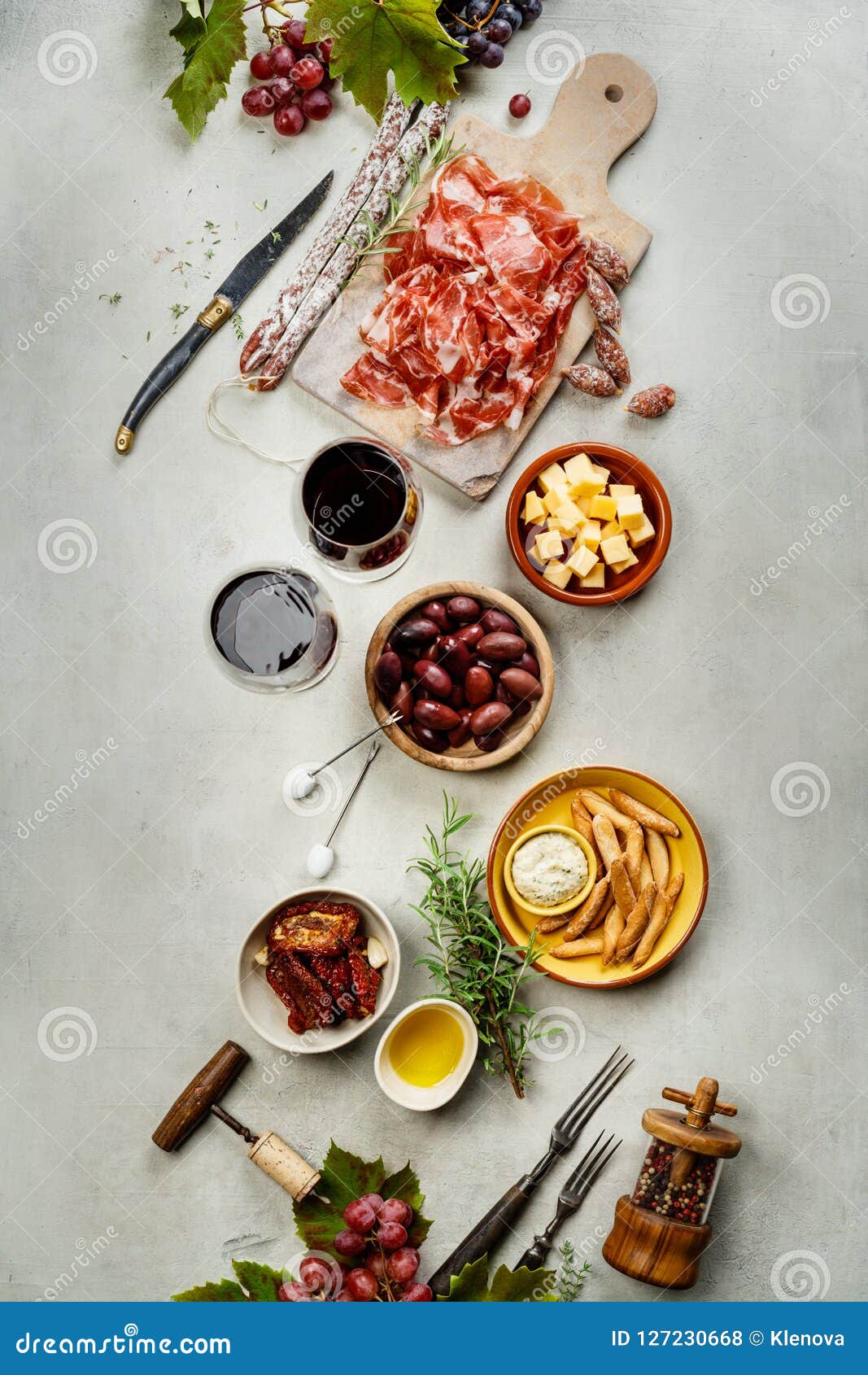 Wine and tapas, top view stock photo. Image of italian - 127230668