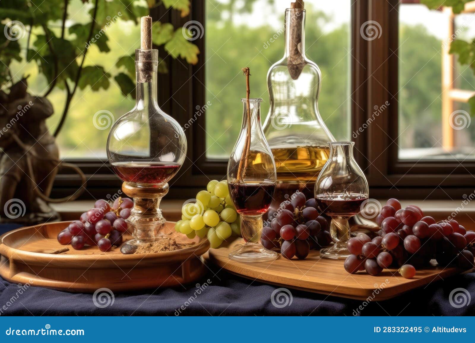 Wine Tasting Setup with Glasses, Decanter, and Grapes Stock ...