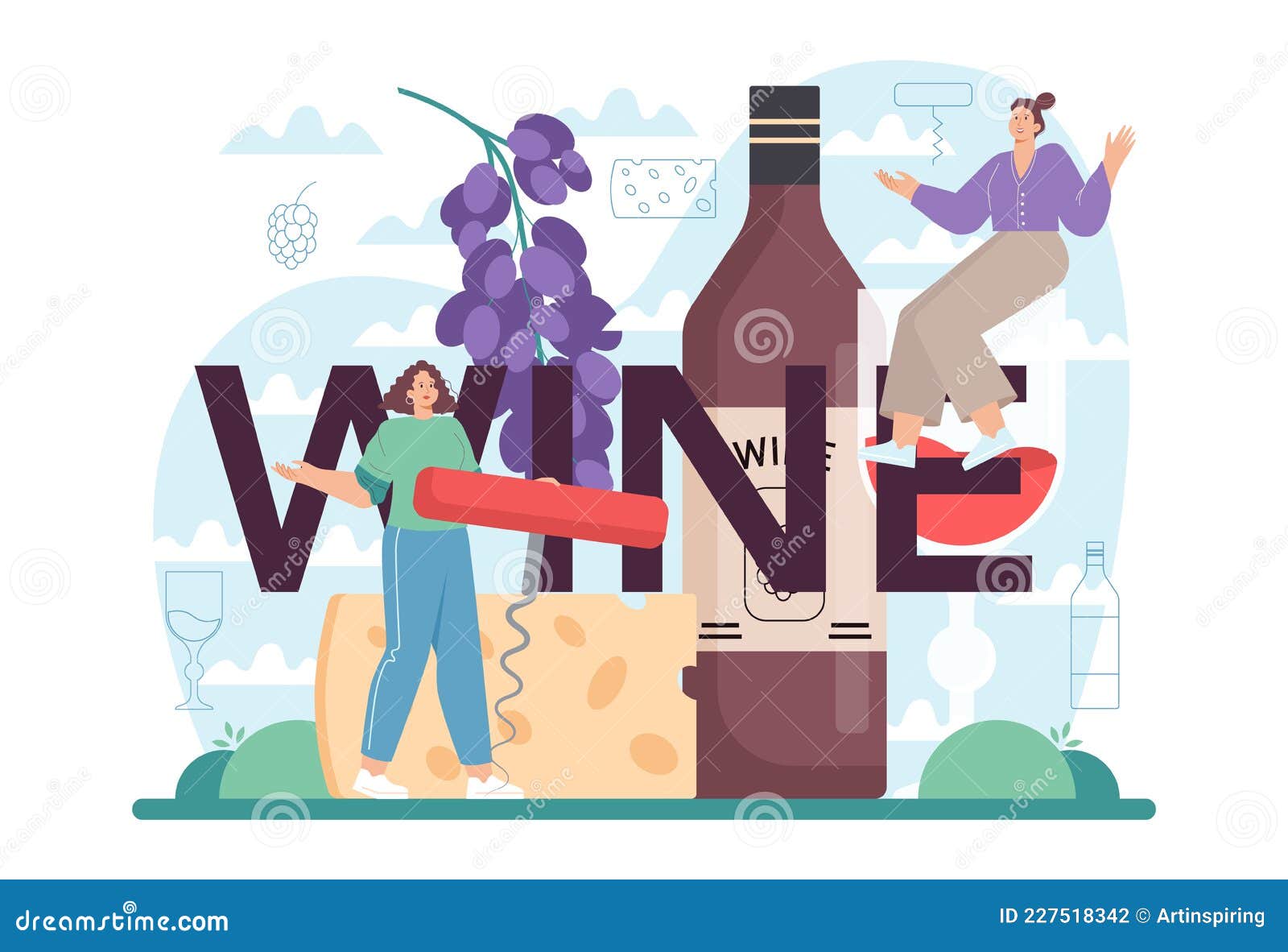 Wine Typographic Header. Grape Wine in a Bottle and Glass Stock Vector ...